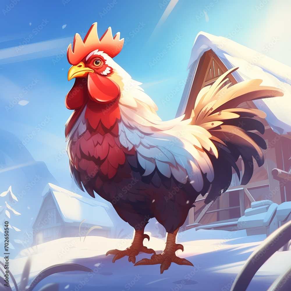 Epic rooster perching on the roof of a barn. Poultry. Cartoon cock ...