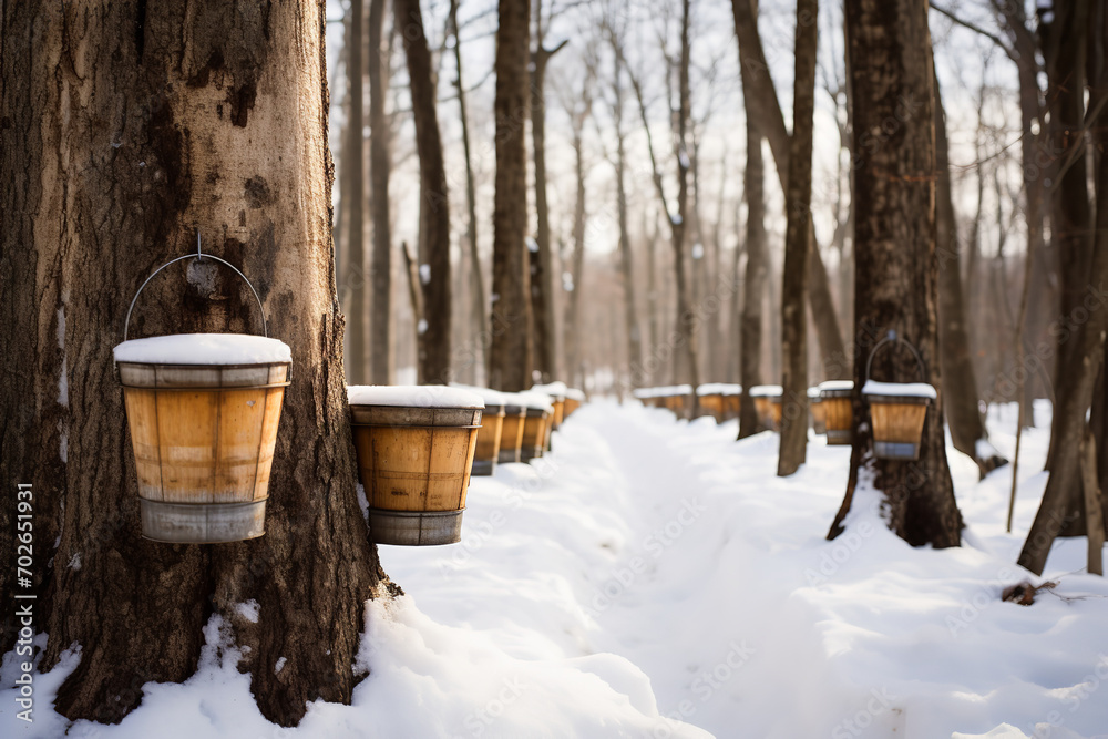 A picturesque winter scene in a snowy forest with maple trees being ...