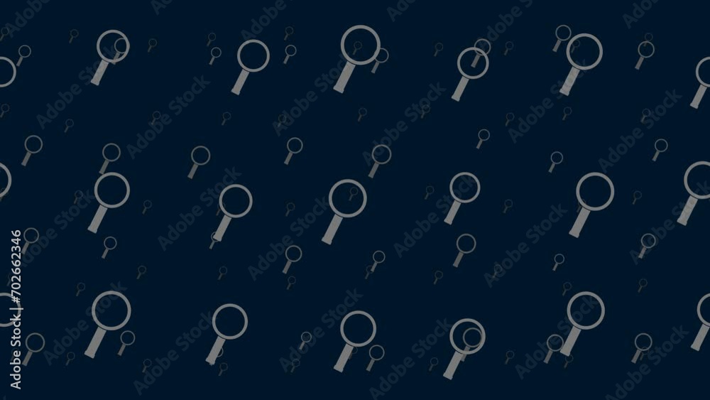 Magnifier symbols float horizontally from left to right. Parallax fly ...