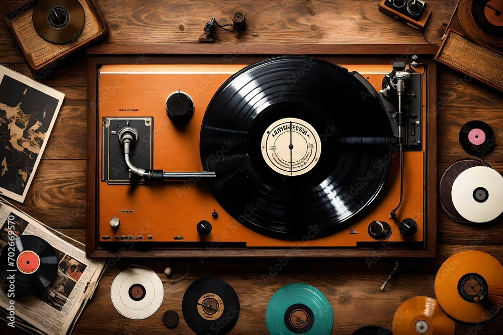 A top-down view of a retro record player with vinyl records, setting ...