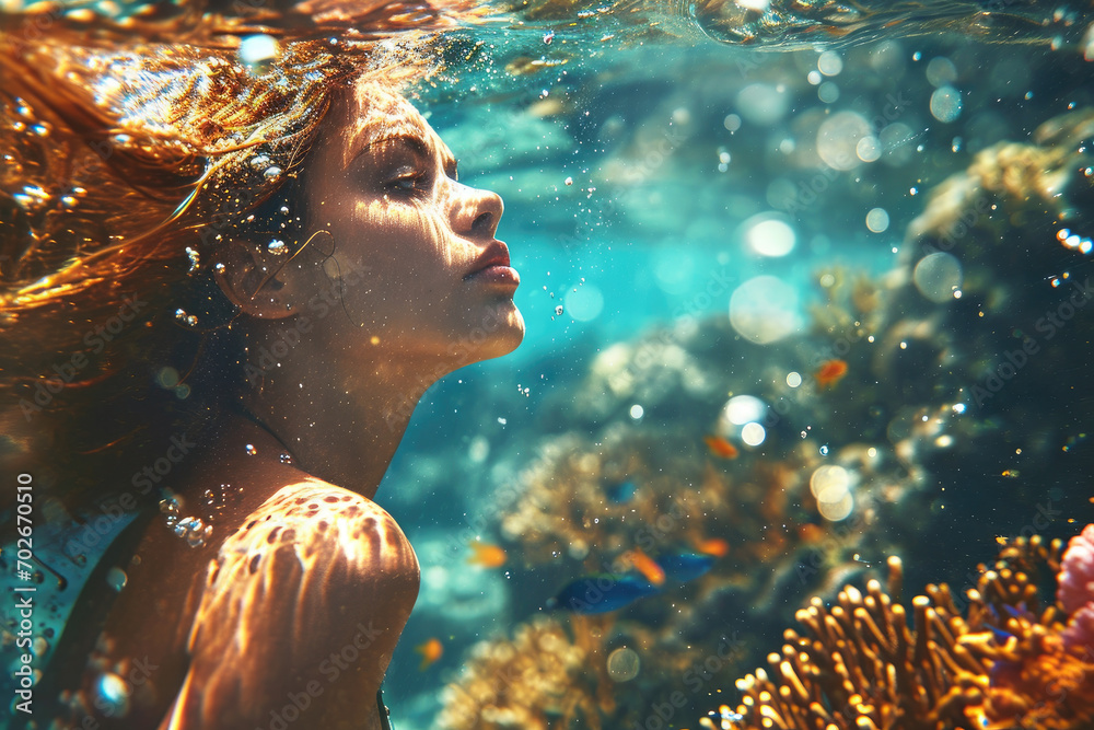 a beautiful girl in swimsuit swimming under water in the ocean with ...