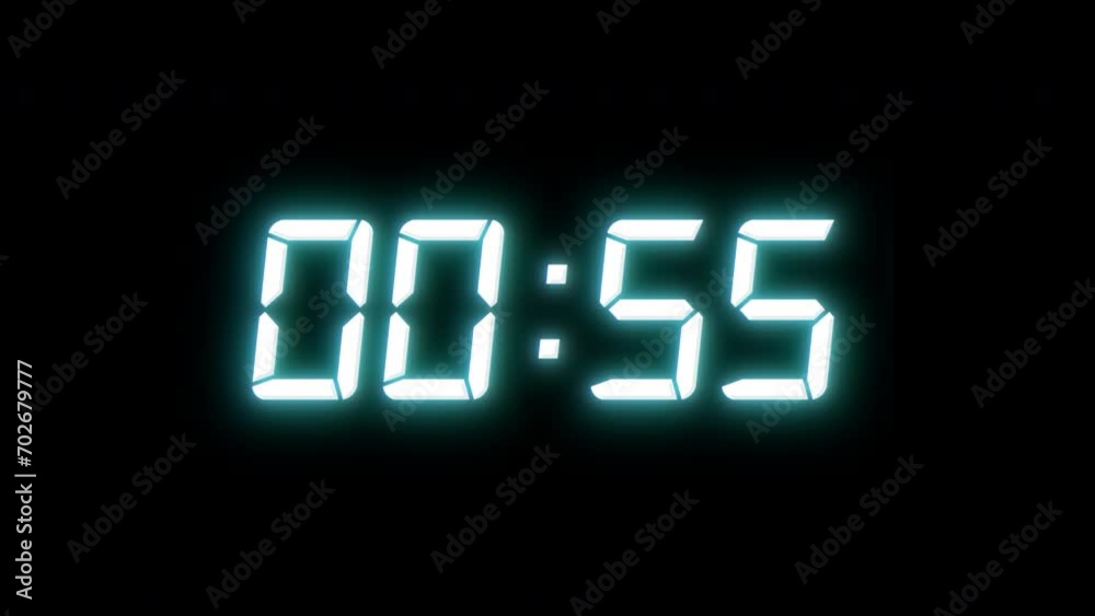 One minute digital clock countdown timer of glowing led white digits on ...