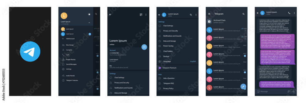 Telegram mockup. Telegram logo. Set telegram screen social media and ...