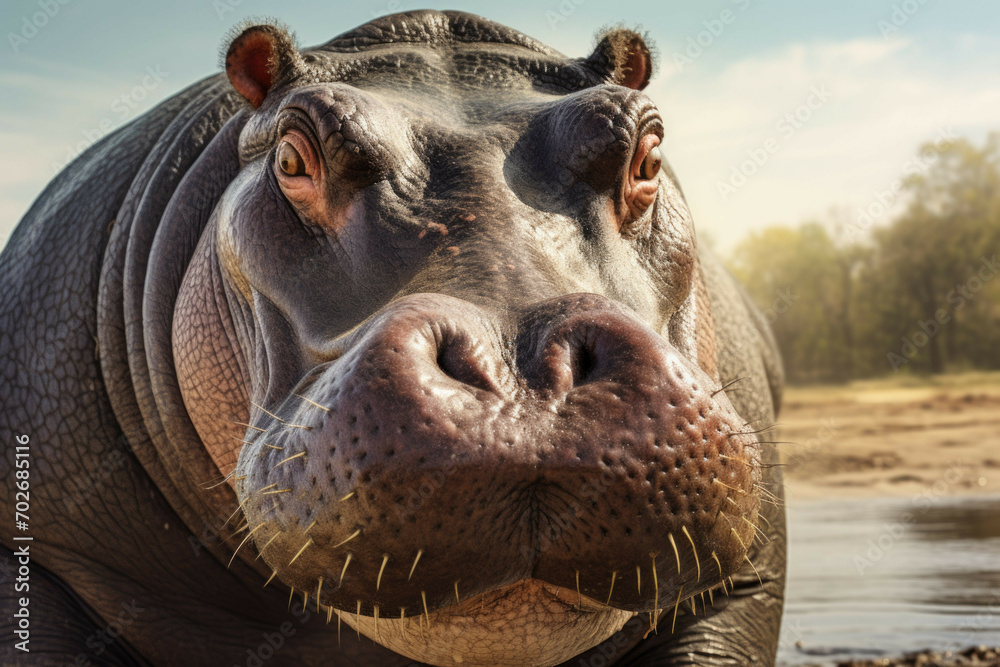 A close up of a hippopotamus's face, with its mouth open and its eyes ...
