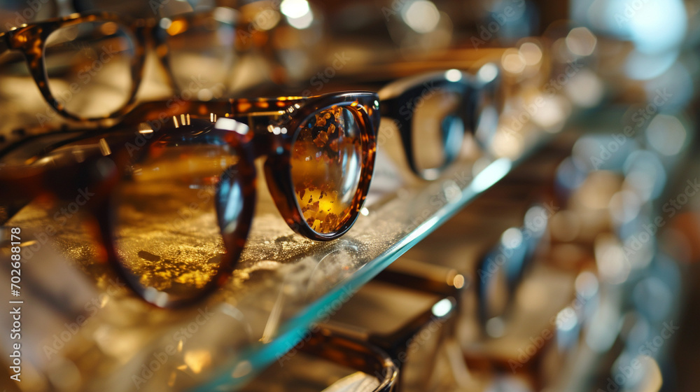 Gleaming Eyeglass Frames Display: A stylish display of gleaming ...