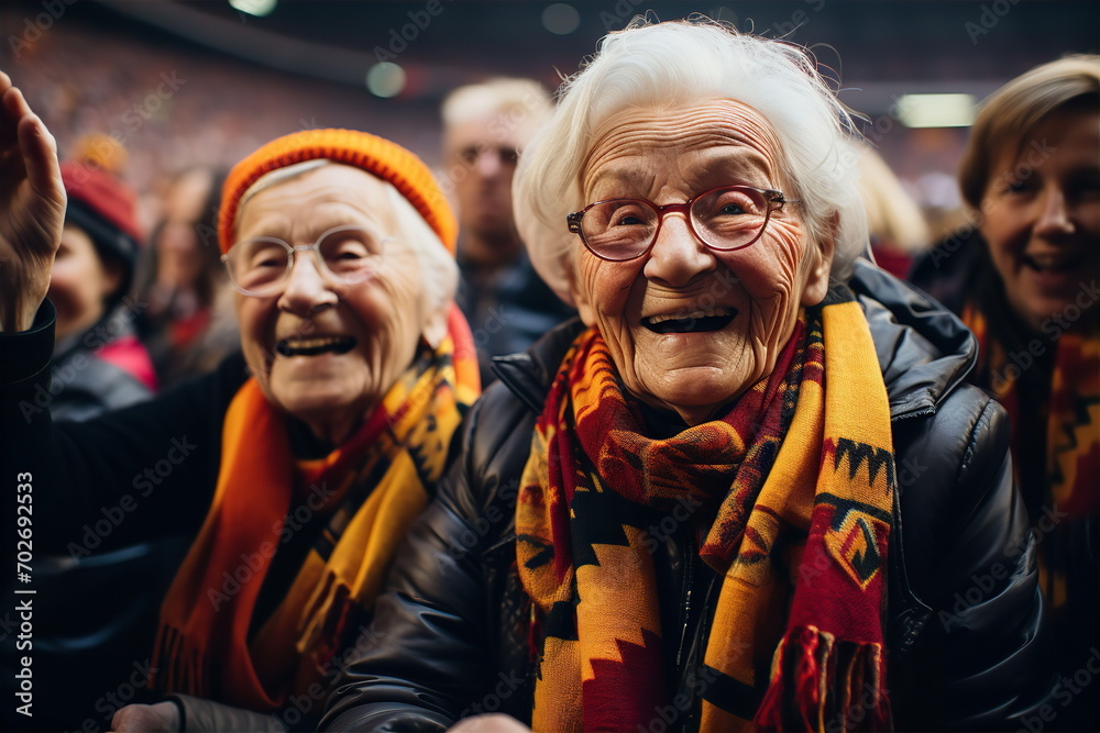Elderly female football fans at stadium portrait. Hobbies in old age ...