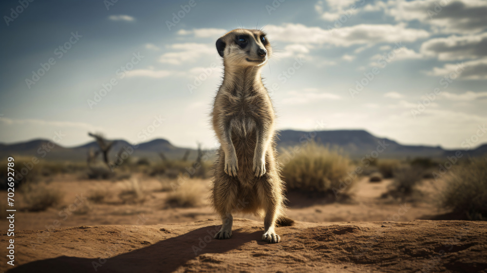 An ultra-realistic photograph of a pet meerkat standing on hind legs in ...