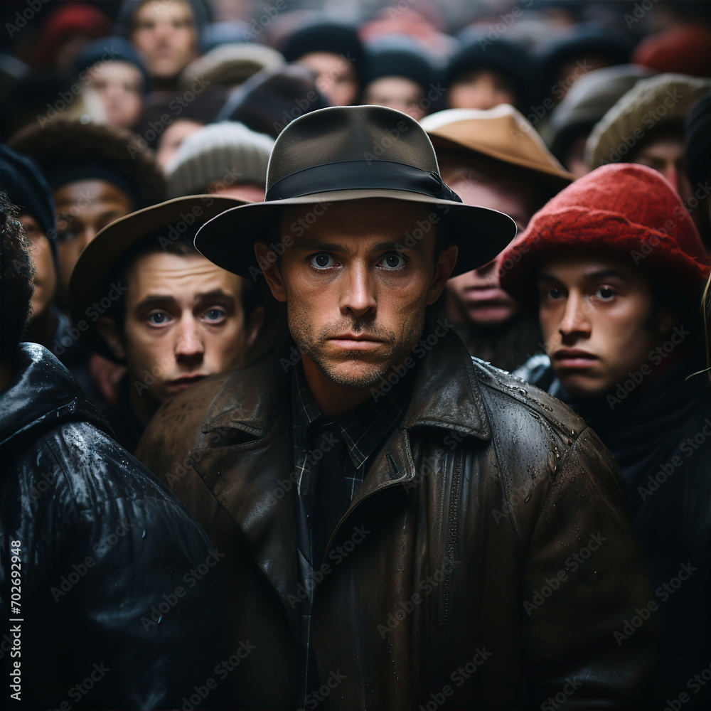 Portrait of man in crowd of people in hat with hoods. Difference from ...