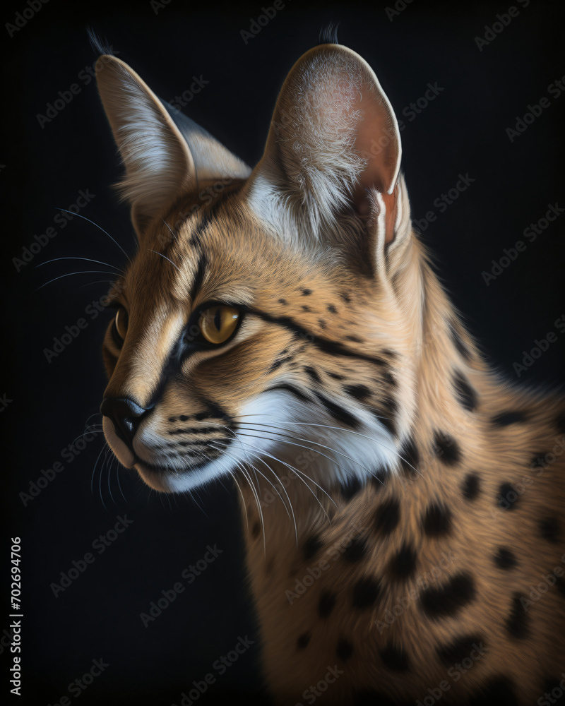 A hyper-realistic portrait of a domesticated serval cat, capturing ...