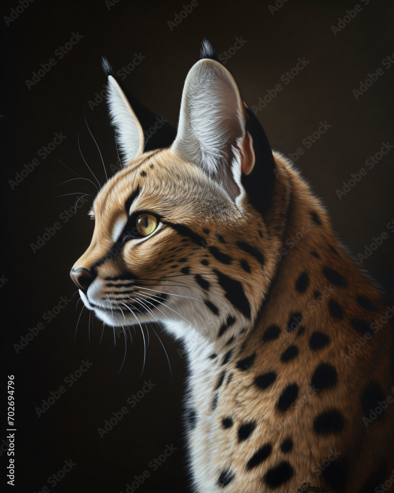 A hyper-realistic portrait of a domesticated serval cat, capturing ...