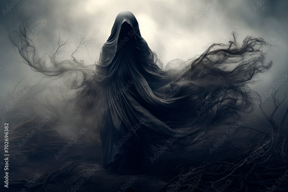 AI generated illustration of a mysterious hooded figure shrouded in a mysterious mist Stock ...