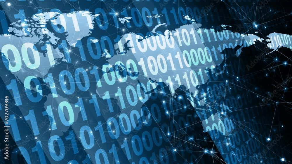 Stockvideon Binary code and world map exploring intersection of cyber security, artificial ...