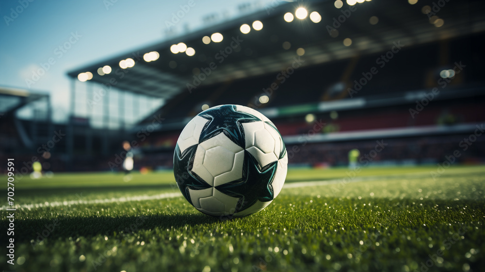 Pallone da calcio sull'erba di un campo da calcio di uno stadio all ...