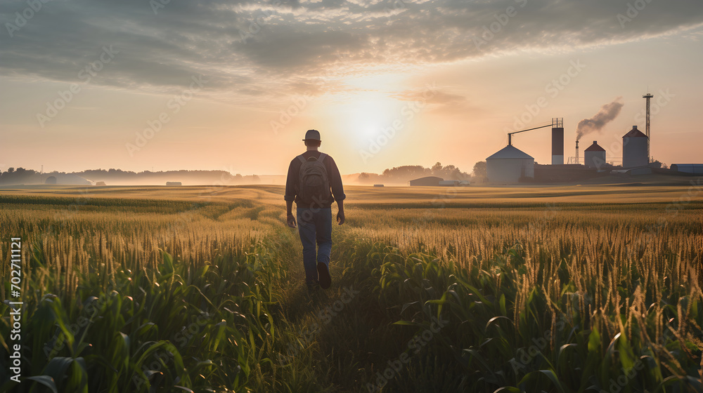 Farmer walks through corn field at dawn, grain silo in the distance ...