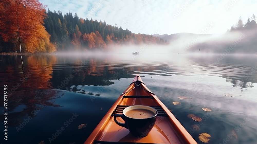 Morning Kayaking in the Mountains: A Serene Scene with a Cup of Coffee ...