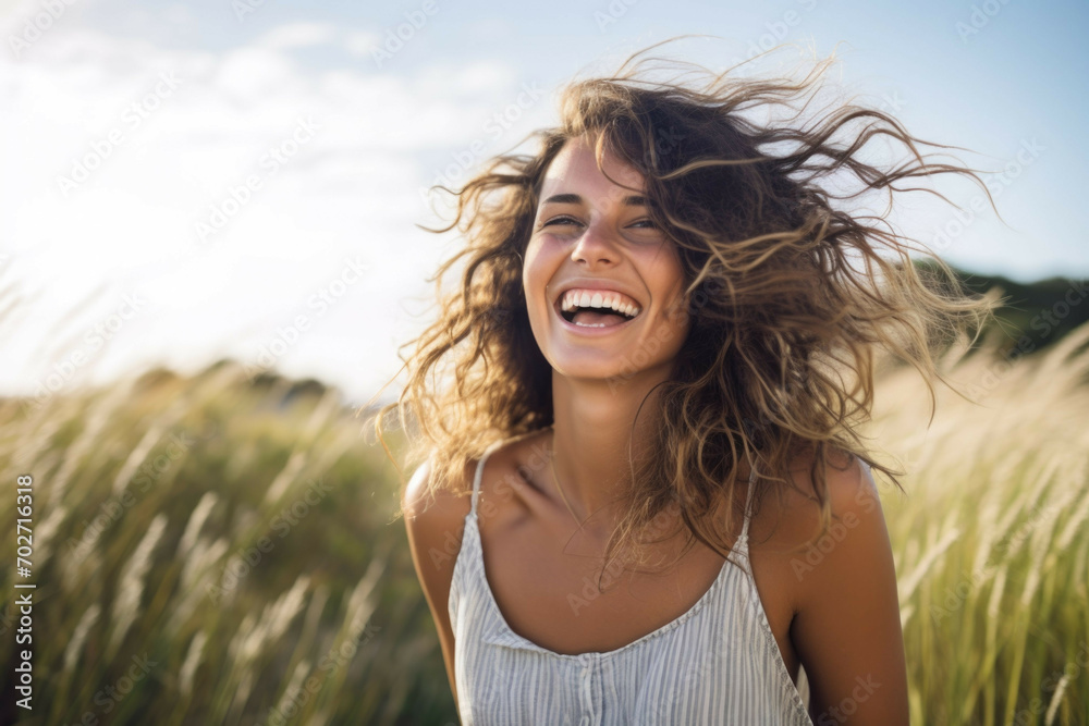 smiling woman laughing outdoors Stock Illustration | Adobe Stock