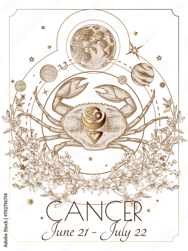 Vector illustration of zodiac signs in flowers. Cancer in white and ...
