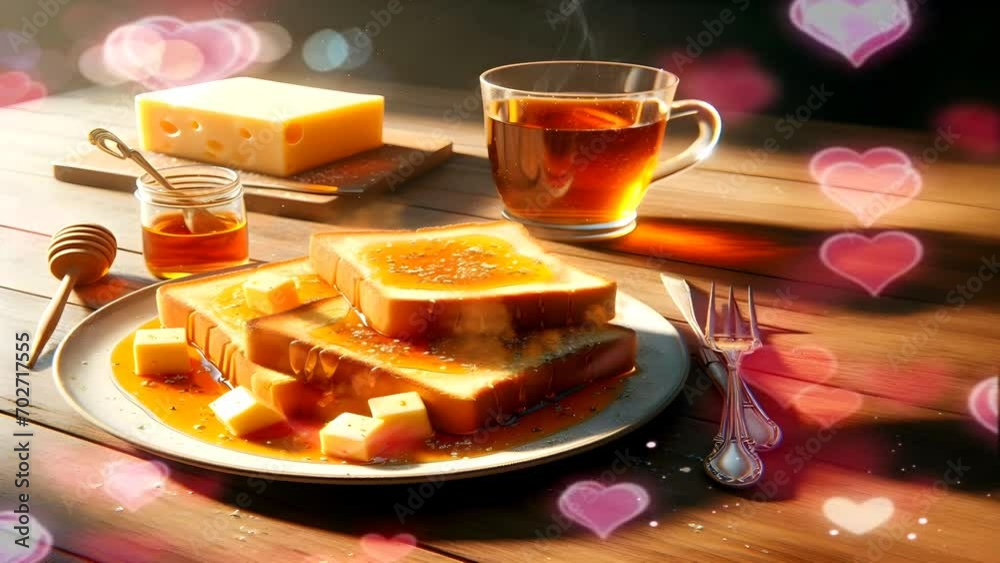 Toast on a plate covered with maple syrup, cheese, melted butter and a ...