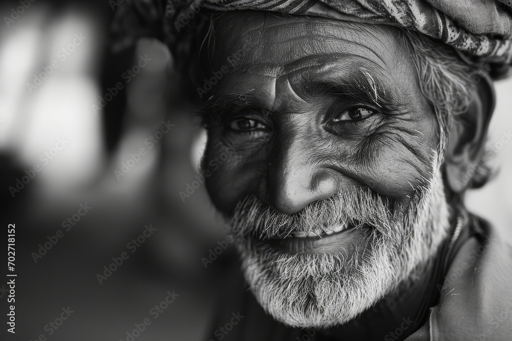 A weathered man stares into the distance, his moustache and beard ...