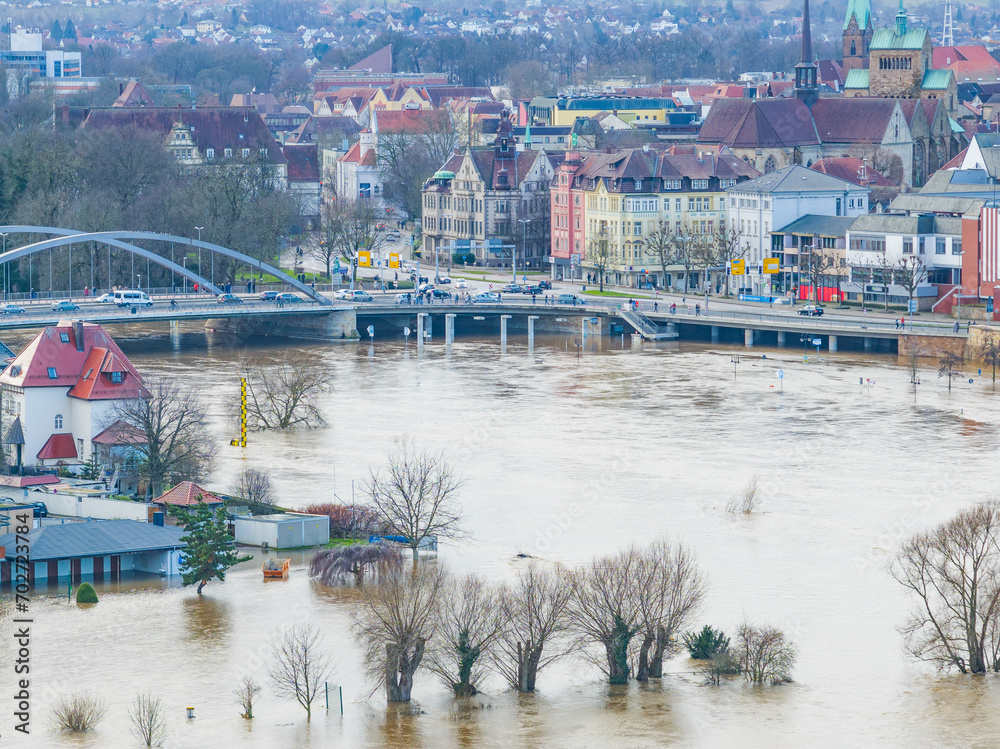 hochwasser, weser, minden, wasser, landschaft, überschwemmung ...