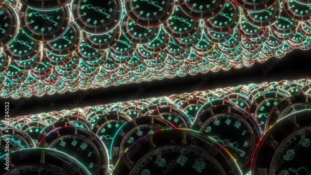 Camera Flying Through 3d Glowing Clock On Black Background, Futuristic ...