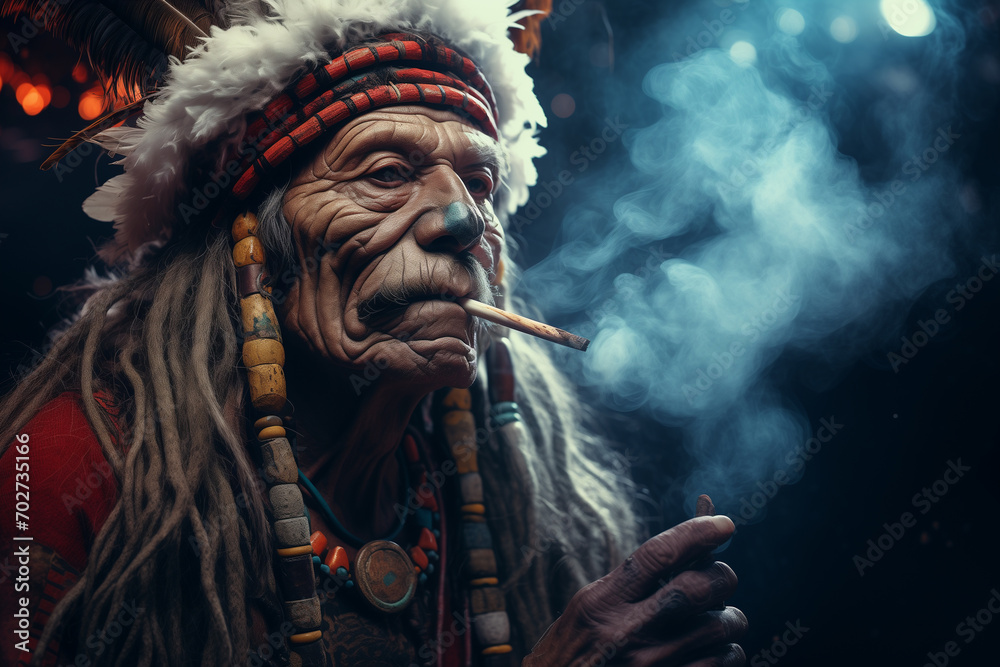 Indian shaman portrait while smoking a pipe, engulfed in smoke and ...