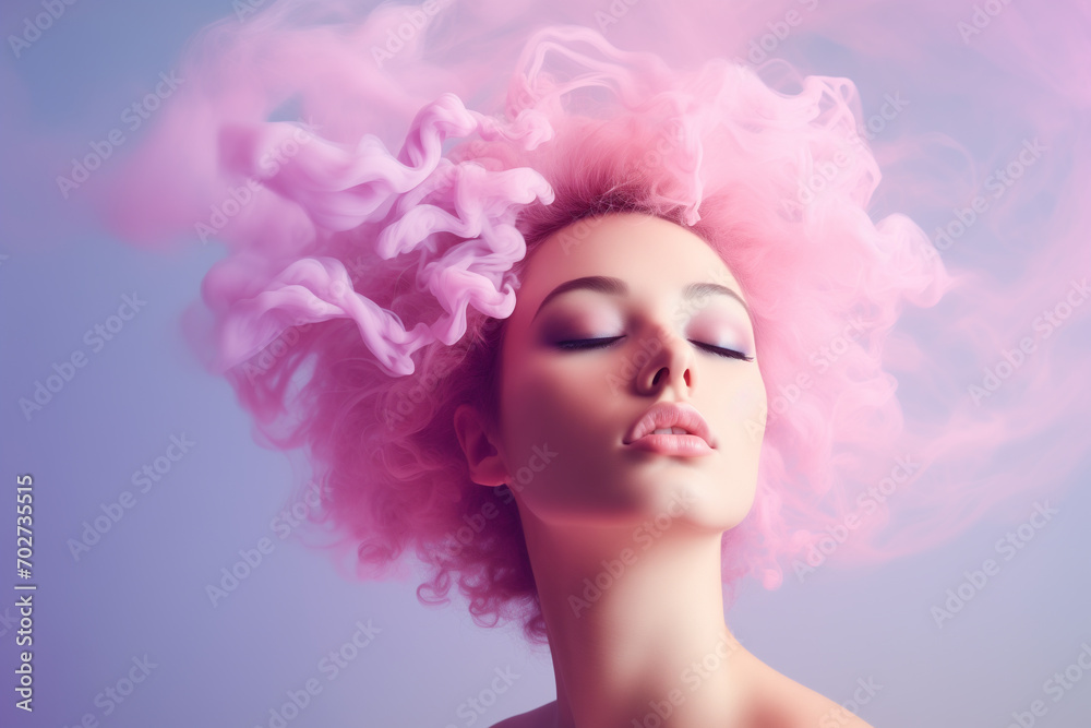 Beautiful Woman with pink smoke instead of her hair, her hair is ...