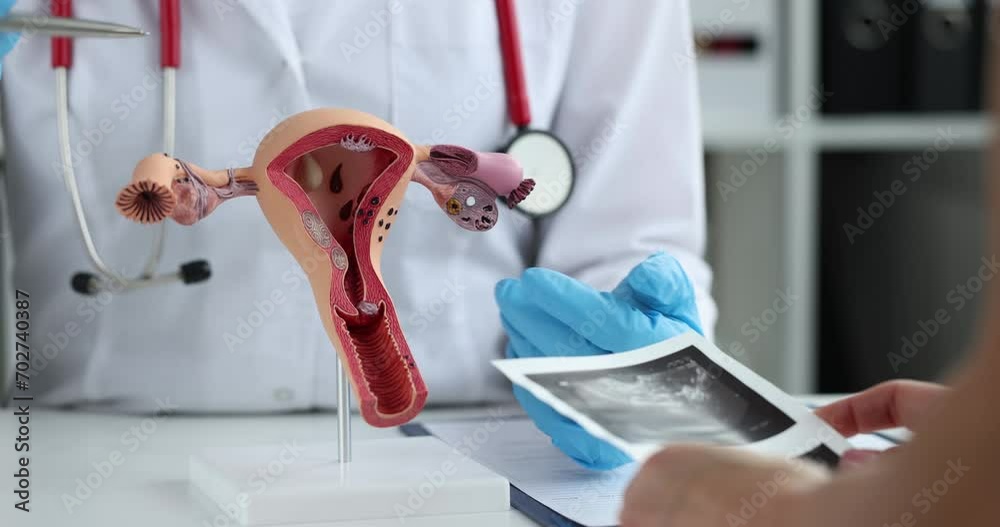 Gynecologist consulting woman with ultrasound scan of uterus in clinic ...