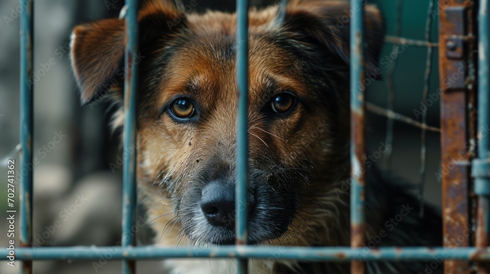 Photograph featuring a sorrowful homeless dog, confined within a ...
