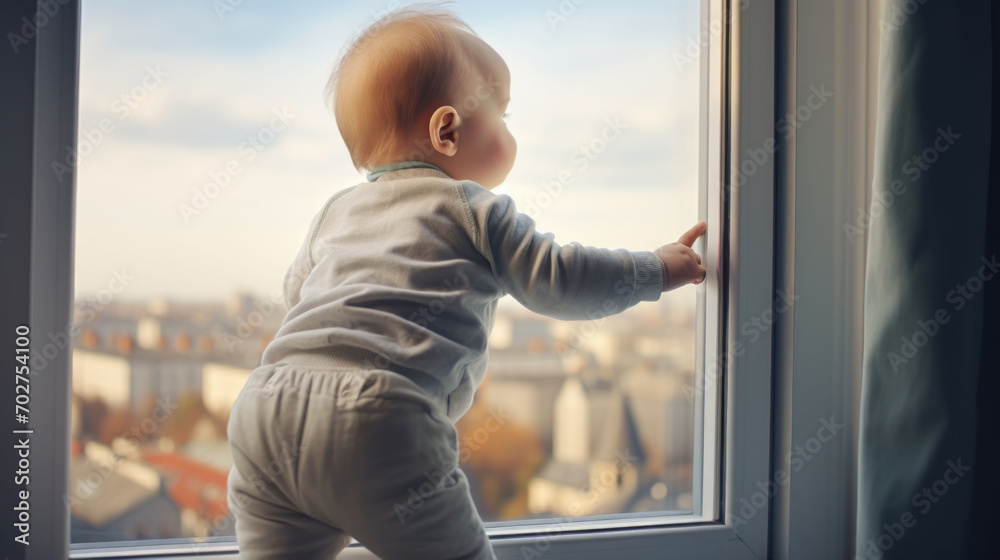 Little child dangerously climbing up the window sill and looking out ...