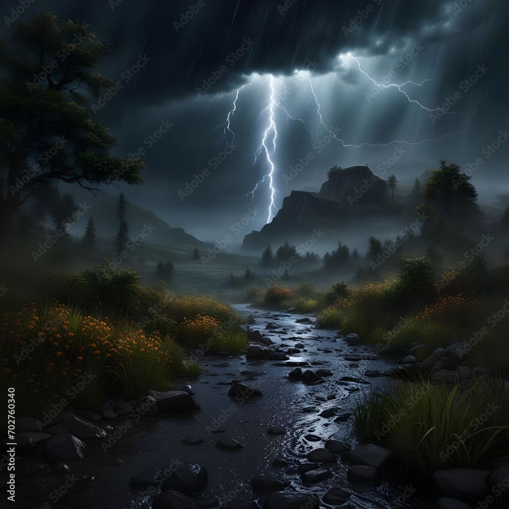 In this image, a stormy sky releases torrents of rain. Lightning ...