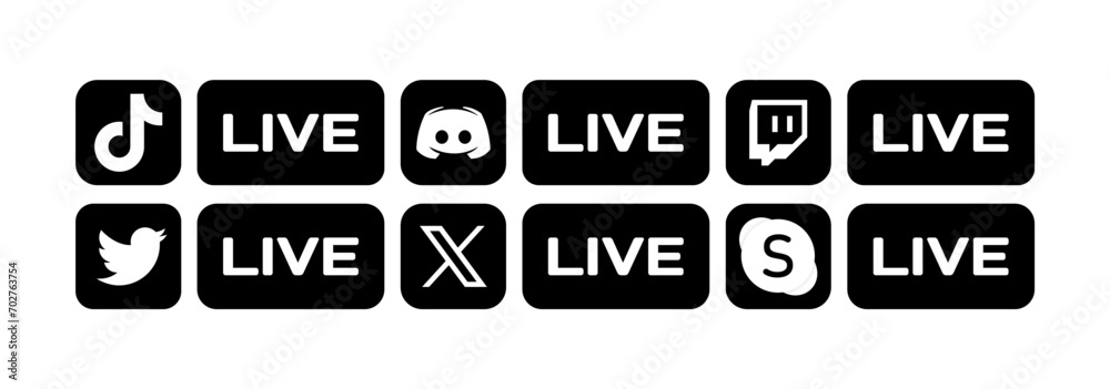Social media live button logos. Tik Tok, Discord, Twitch, Twitter X ...