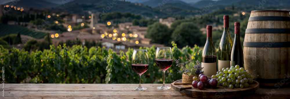 Wine bottles and glasses, wooden wine barrel in winery, sunset over ...