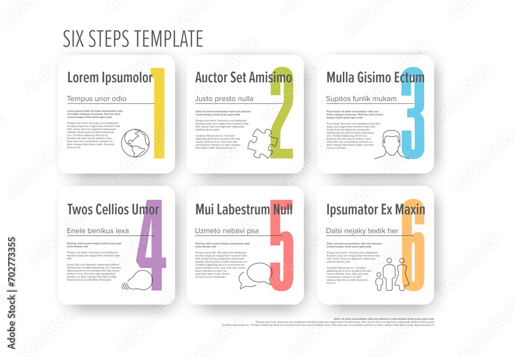 Light progress six steps template with big numbers, descriptions and ...