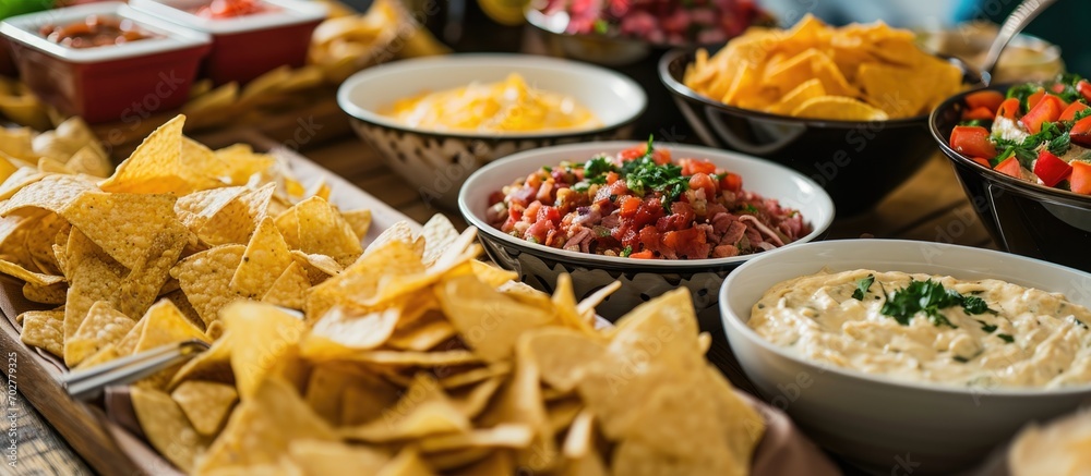 Game day party food display featuring tortilla chips, dips, and meat ...