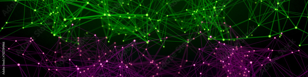 Polygon network in green and purple. Abstract plexus, science ...