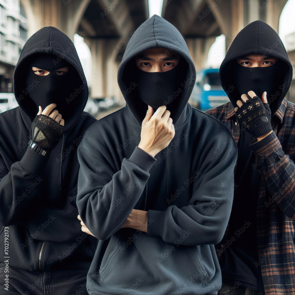 Foto de Gang members with guns, doing gang signs, wearing ski masks ...