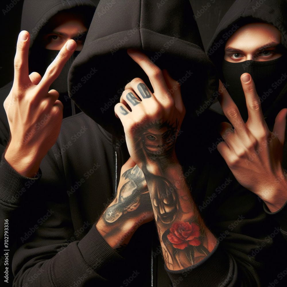 Gang members with guns, doing gang signs, wearing ski masks, balaclavas ...