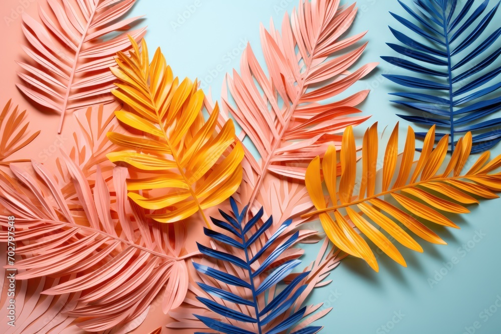 a group of different colored paper leaves on a blue and pink background ...