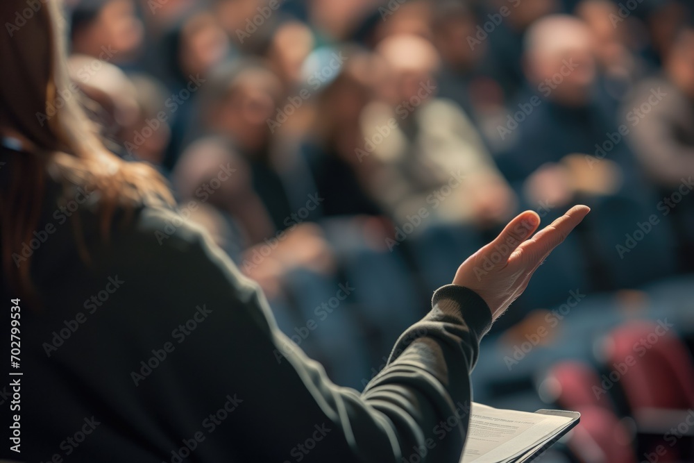 Confident person on a stage, extending hand towards a diverse audience ...