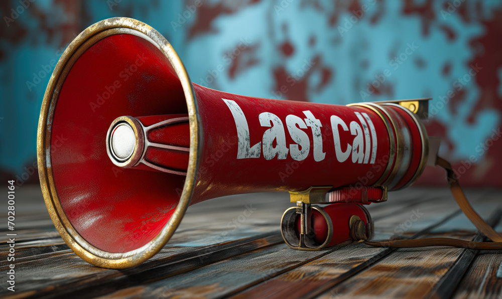 Vintage Red Megaphone with 'Last Call' Inscription on Wooden Surface ...