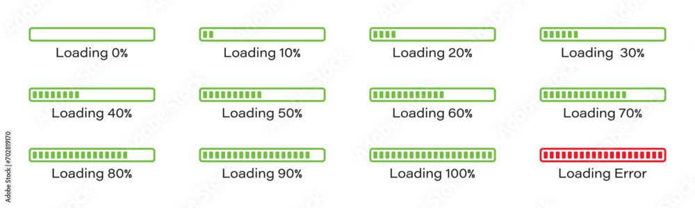 Percentage loading bar infographic icon set 0-100% in green colour. set ...
