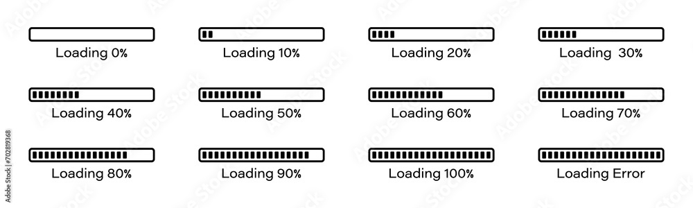 Percentage loading bar infographic icon set 0-100% in black colour ...