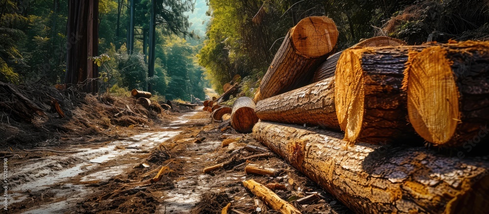 Illegal cutting of forests Large logs lie in a clearing in the forest ...