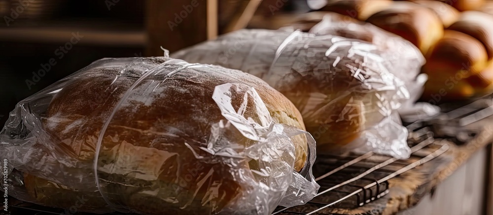 Loaves of thick white bread wrapped in clear plastic bags on a wire ...