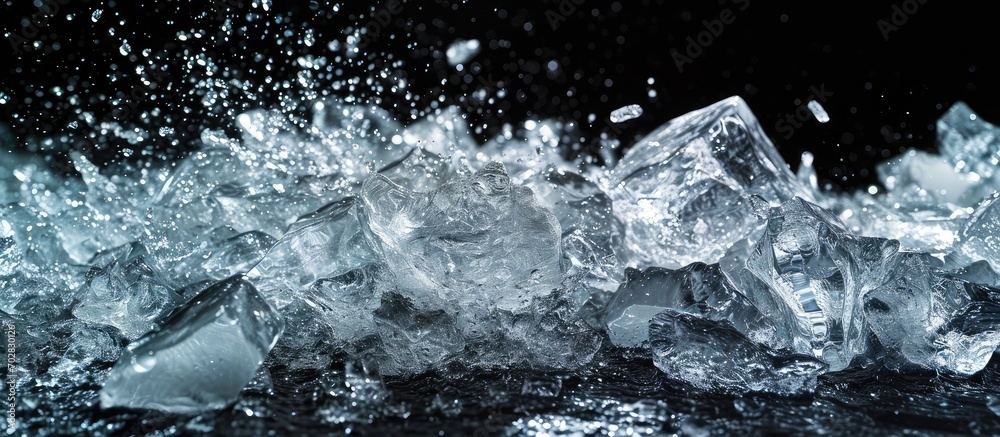 Hole in the ice a breakthrough on black background Shards of crushed ...