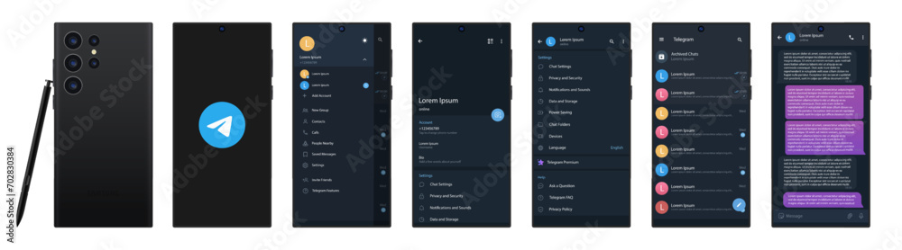 Telegram mockup in Samsung galaxy s23 ultra. Telegram logo. Set ...