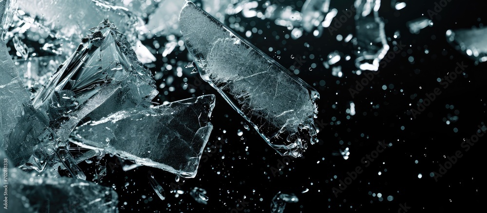 Hole in the ice a breakthrough on black background Shards of crushed ...