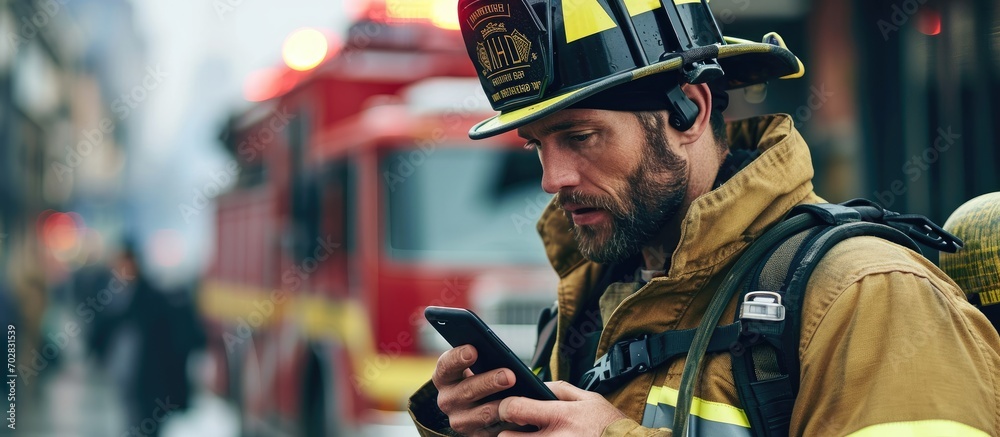 Male firefighter texting message on smartphone and speaking with ...