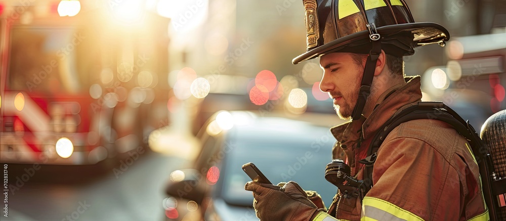 Male firefighter texting message on smartphone and speaking with ...